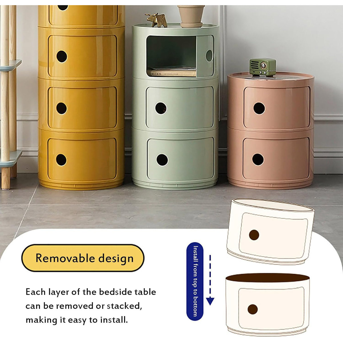 Latitude Run® Modern Stackable Round Nightstand with Storage – 3-Tier Side Table Cabinet with ...